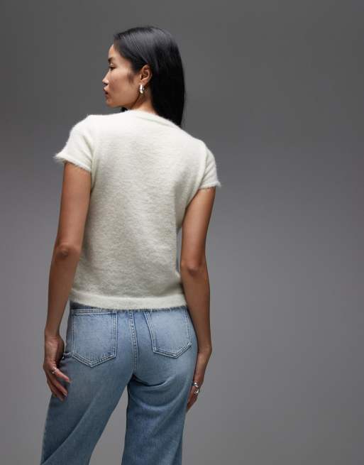 ASOS DESIGN fine knit knitted fluffy top in ecru | ASOS