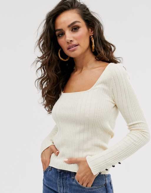 Asos Design Fine Rib Sweater With Square Neck And Button Cuff Detail Asos