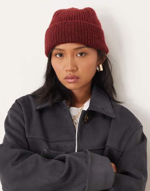 ASOS DESIGN fisherman rib beanie in burgundy | ASOS