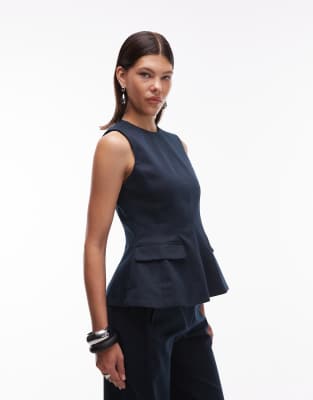 ASOS DESIGN fitted peplum top with tab detail in navy - part of a set ...