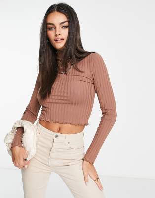 ASOS DESIGN fitted ribbed top with lettuce hem in neutral | ASOS