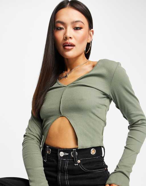 ASOS DESIGN fitted top with split front with seam detail rib in khaki ...