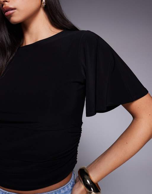 ASOS DESIGN floaty sleeve top with cinched waist detail in black | ASOS