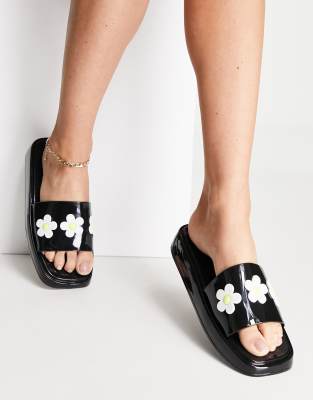ASOS DESIGN - Flora - Slippers met madeliefjes in zwart | ASOS