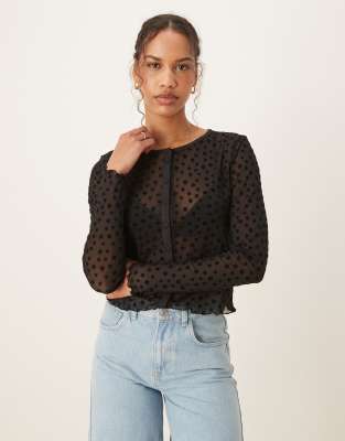 ASOS DESIGN floral flocked mesh button through long sleeve top in black ...