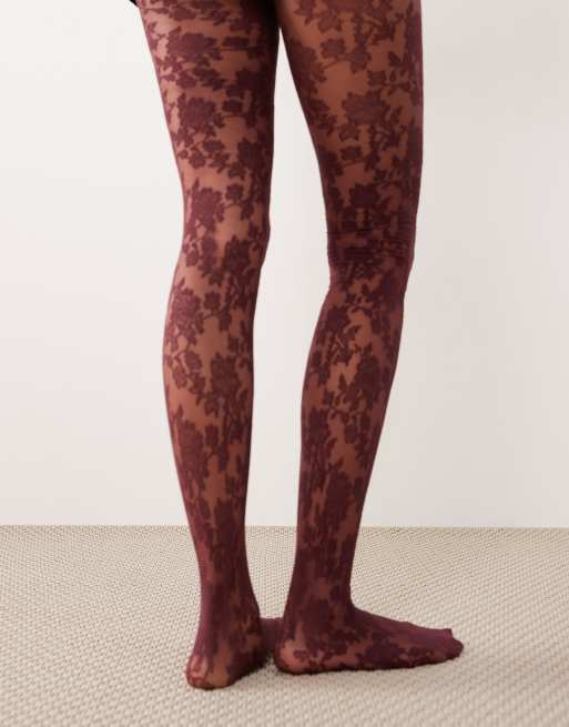 ASOS DESIGN floral lace tights in burgundy | ASOS
