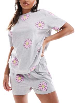ASOS DESIGN flower oversized tee & shorts pyjama set in grey | ASOS