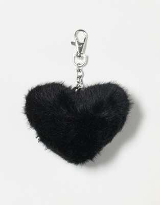 ASOS DESIGN fluffy heart bag charm keychain in black | ASOS