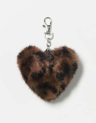 ASOS DESIGN fluffy heart bag charm keychain in brown leopard | ASOS