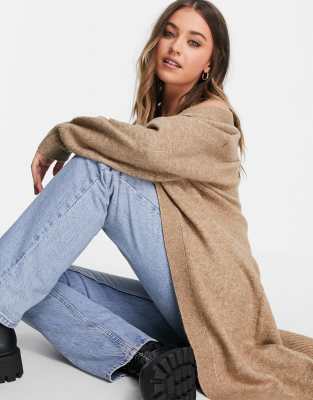 ASOS DESIGN fluffy maxi cardi with volume sleeve in camel | ASOS