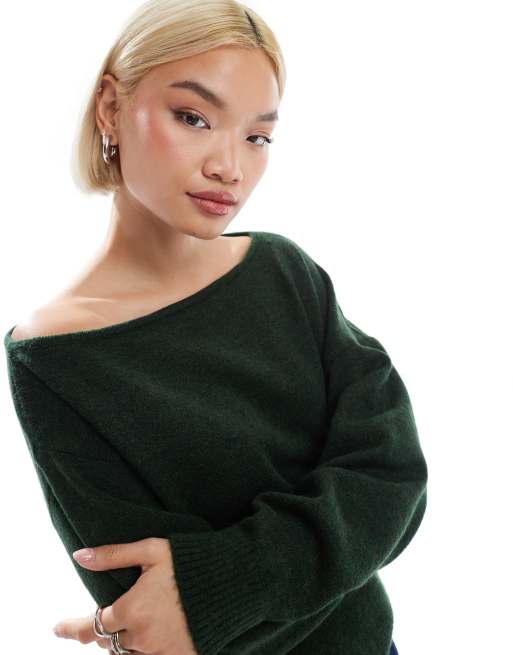 ASOS DESIGN fluffy one-shoulder sweater in forest green | ASOS