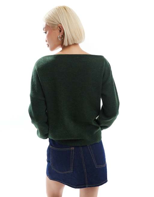 ASOS DESIGN fluffy one-shoulder sweater in forest green | ASOS