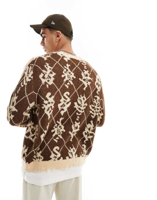 ASOS DESIGN fluffy oversized cardigan with nibbling in brown ...