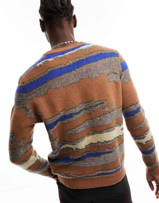 ASOS DESIGN fluffy oversized jumper with abstract stripes in brown with ...