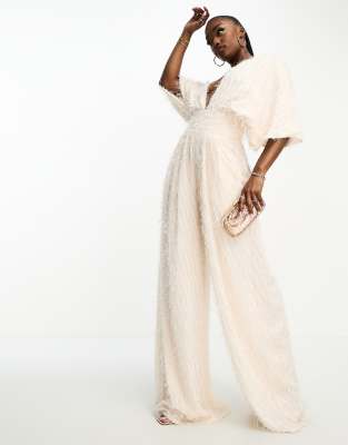 ASOS DESIGN fluffy plunge jumpsuit with wide leg in blush | ASOS