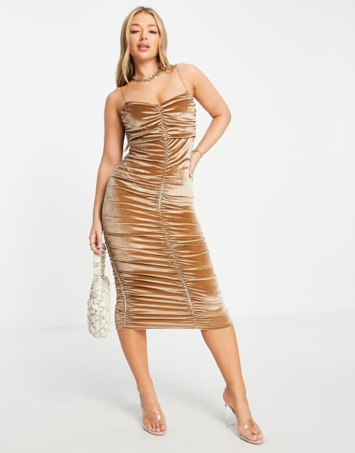 Asos Design Fluwelen Midi Jurk Met Camibandjes En Rimpeleffect In
