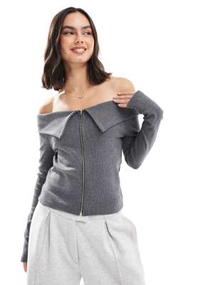ASOS DESIGN fold over ribbed zip detail top in grey | ASOS