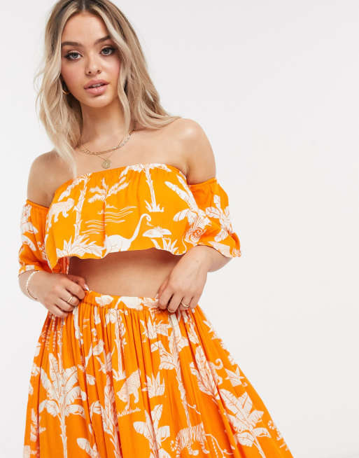 ASOS DESIGN frill beach crop top co-ord in contrast jungle tropic print ...