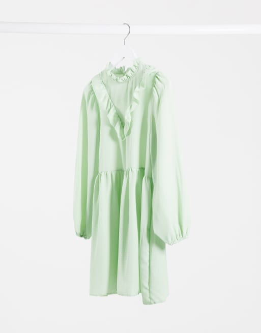 Asos Design Frill Neck Detail Smock Mini Dress In Mint Green Asos