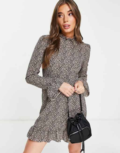 Asos Design Frill Neck Mini Dress With Fluted Three Quarter Sleeves In