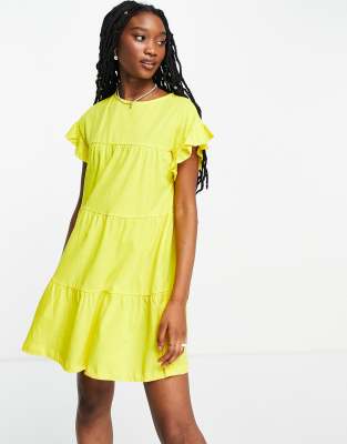 ASOS DESIGN frill sleeve tiered smock dress in bright yellow | ASOS