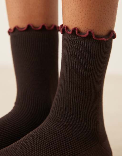 ASOS DESIGN frill top ankle socks in chocolate | ASOS