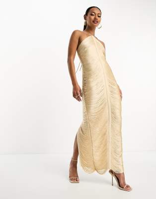 ASOS DESIGN fringe drape halter maxi dress in cream | ASOS