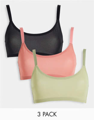 ASOS DESIGN Fuller Bust 3 pack scoop neck mesh bra in black sage & pink ...