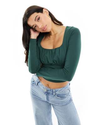ASOS DESIGN gathered bust detail long sleeve top in forest green | ASOS