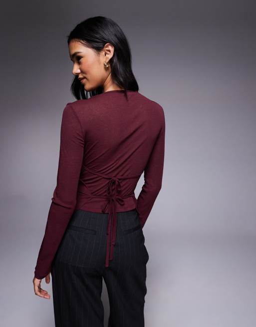 ASOS DESIGN gauzy sheer double layer top in burgundy | ASOS