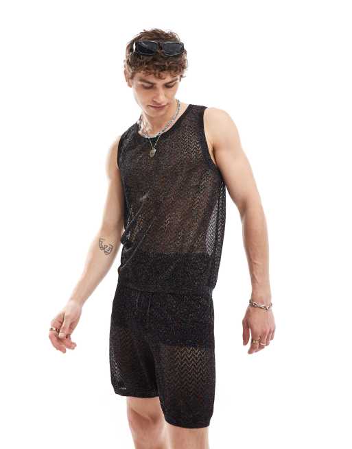 Asos Design Gebreid Hemdje Van Metallic Mesh In Zwart Deel Van Co