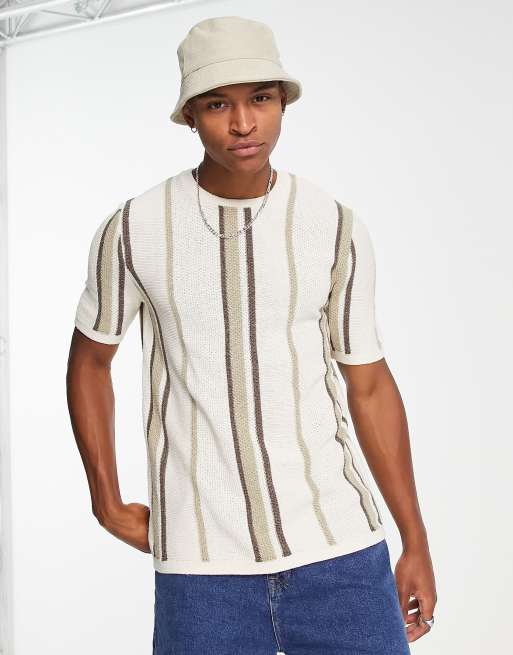 Asos Design Gebreid T Shirt Met Verticale Strepen In Neutrale Tinten