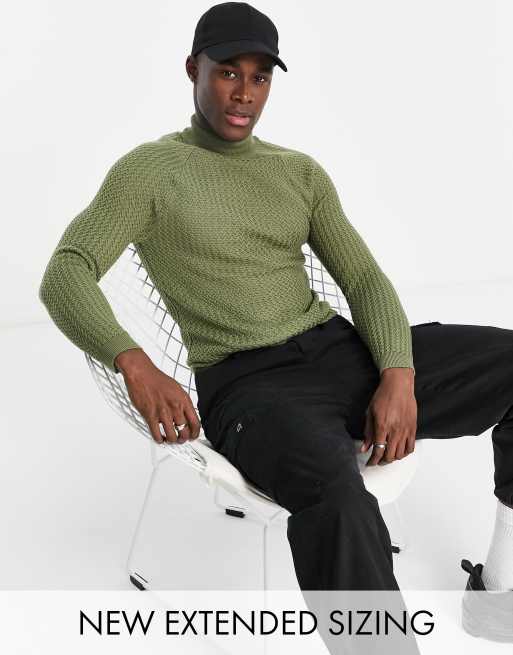 Asos Design Gebreide Muscle Fit Coltrui Met Textuur In Khaki Asos
