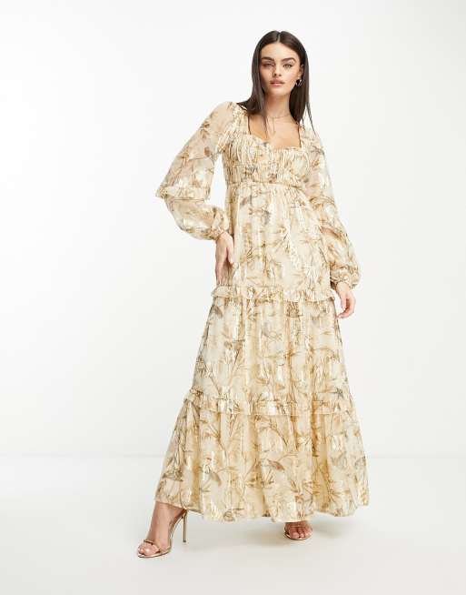 ASOS DESIGN - Geplooide maxi jurk met hartvormige halslijn, ruches, en bloemenprint in metallic ...