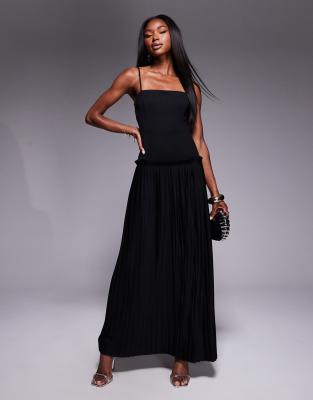 ASOS DESIGN - Geplooide maxi jurk met vierkante hals en verlaagde taille in zwart | ASOS