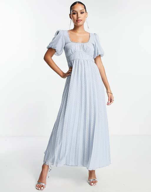 ASOS DESIGN - Geplooide midi jurk van dobbystof met pofmouwen en ... ASOS DESIGN - Geplooide midi jurk van dobbystof met pofmouwen en ...