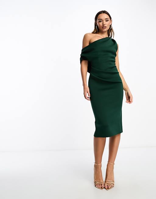 ASOS DESIGN - Geplooide midi jurk van scubastof met afhangende schouder ... ASOS DESIGN - Geplooide midi jurk van scubastof met afhangende schouder ...