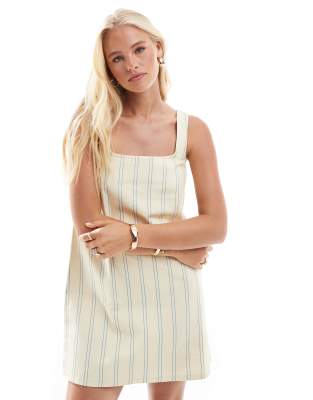 ASOS DESIGN - Geribbelde denim mini-jurk met vierkante hals en split in zachtgeel gestreept | ASOS