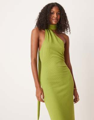 ASOS DESIGN - Geribbelde midi jurk met blote schouder en sjaal in olijfgroen | ASOS