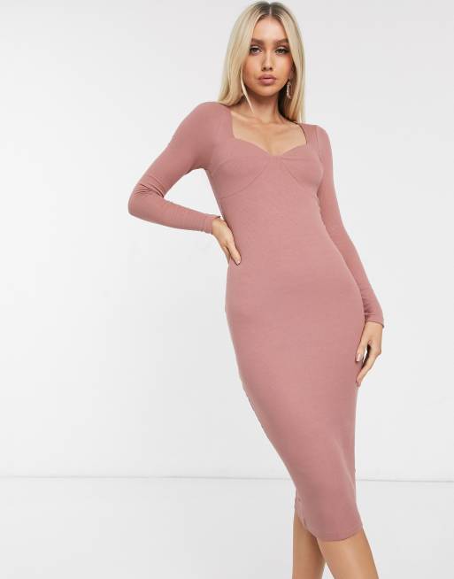 ASOS DESIGN - Geribbelde midi-jurk met lange mouwen en cupnaden in roze | ASOS