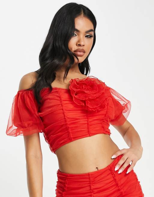 Asos Design Gerimpelde Top Van Mesh Met Blote Schouders In Rood Deel