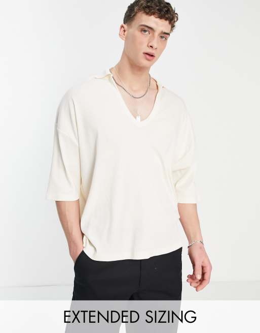 Asos Design Geripptes Oversize Polohemd In Cremeweiß Mit Reverskragen