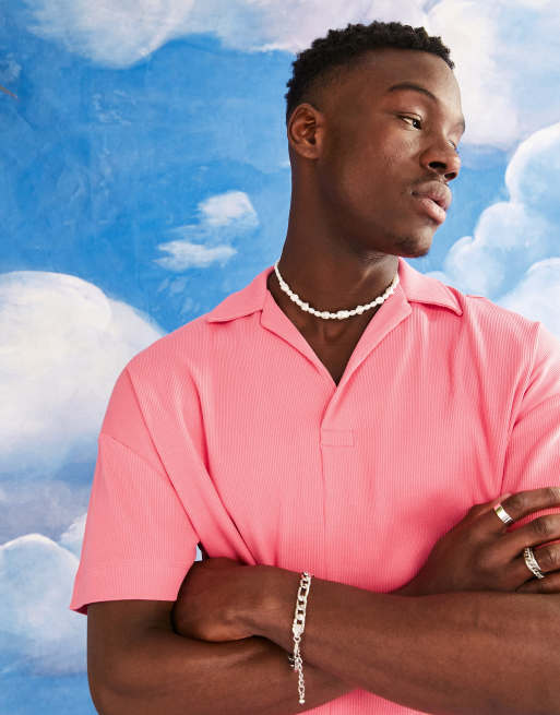 Asos Design Geripptes Oversize Polohemd In Rosa Mit Reverskragen Asos