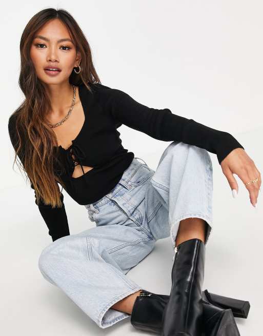 Asos Design Geripptes Strickoberteil In Schwarz Mit Schnürung Asos