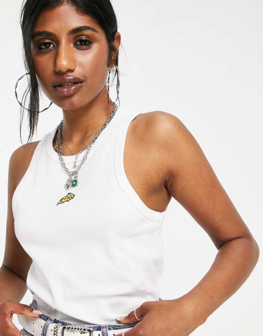 Asos Design Geripptes Trägertop Mit Pizza Stickerei In Weiß Asos