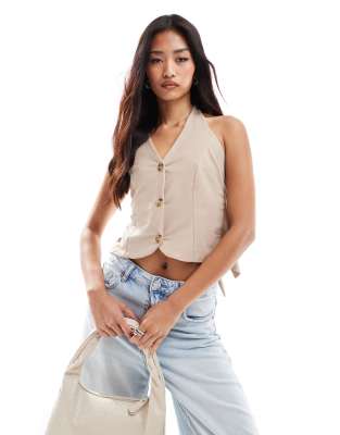 ASOS DESIGN - Gilet de tailleur aspect lin à dos ouvert noué - Taupe | ASOS