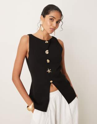 ASOS DESIGN - Gilet de tailleur boutonné en maille à encolure bateau - Noir | ASOS
