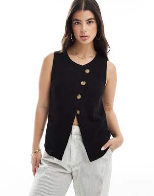 ASOS DESIGN - Gilet de tailleur boutonné et asymétrique aspect lin - Noir | ASOS