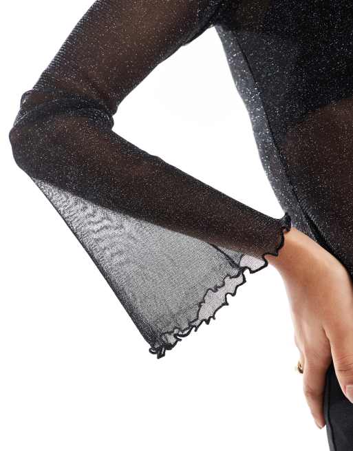 ASOS DESIGN glitter mesh sheer angel sleeve top in black | ASOS