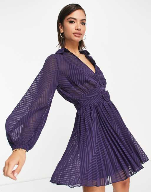 ASOS DESIGN – Granatowa plisowana sukienka koszulowa mini typu skater z materiału dobby w ...